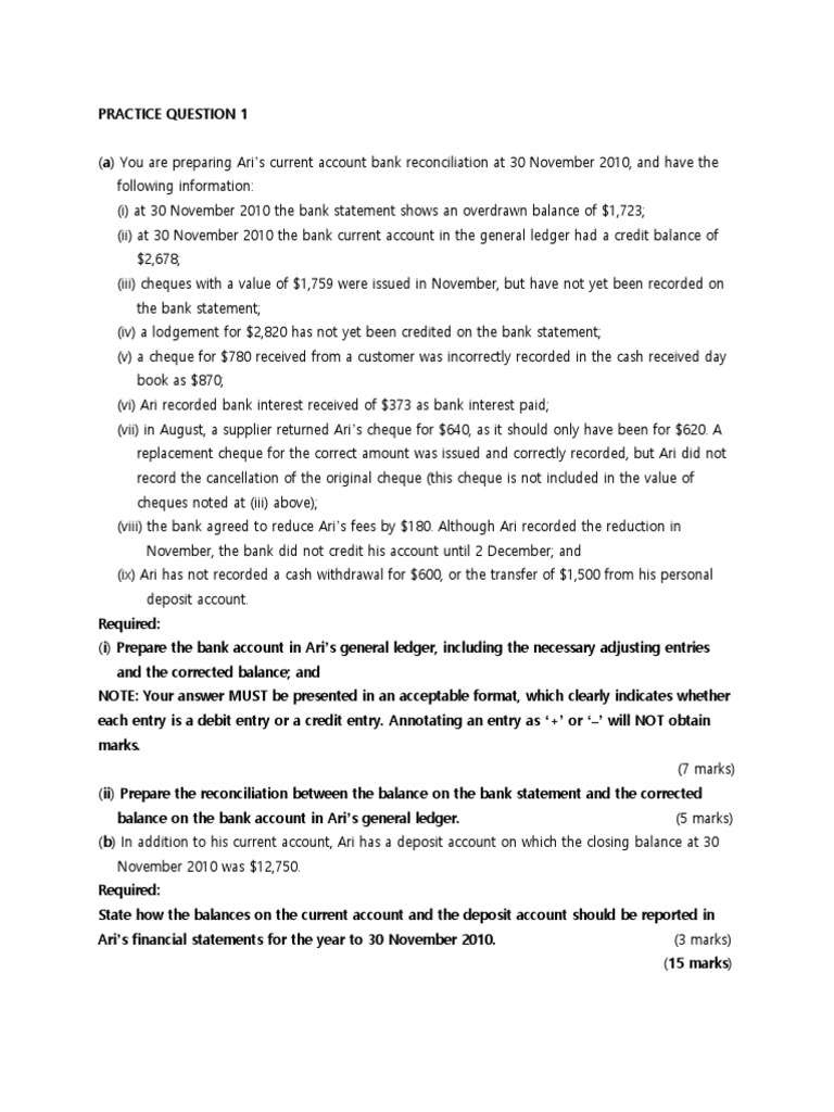Artis Bank Reconciliation Practice Question 1 28 | PDF | Banks | Transaction Account