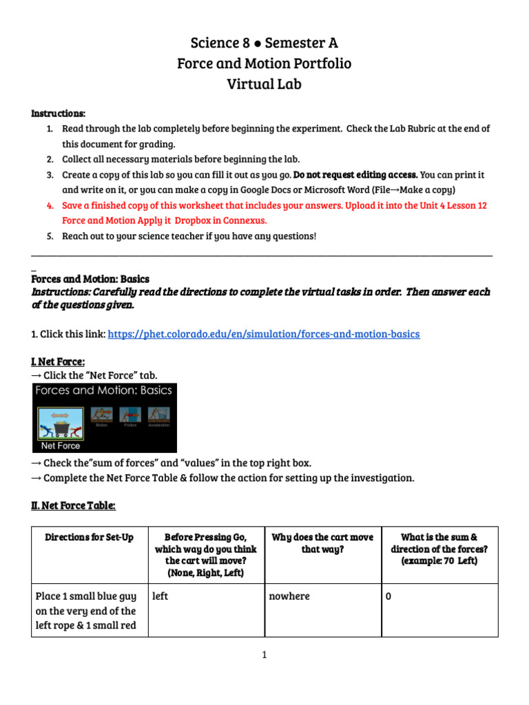 Force and Motion Unit - Virtual Lab | PDF | Force | Speed