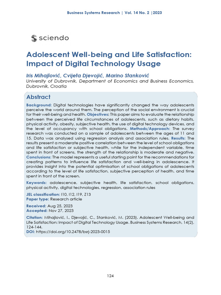 Adolescent Well-being and Life Satisfaction Impact of Digital Technology Usage 2023 | PDF ...