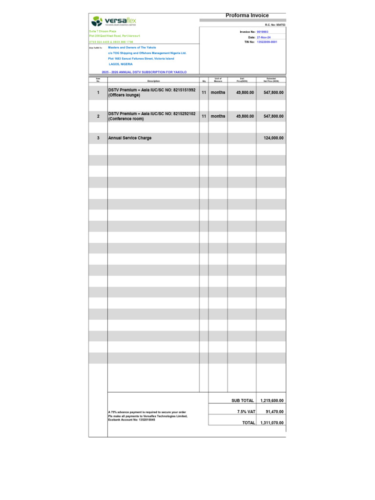 Annual DSTV Subscription Invoice for Yakolo | PDF