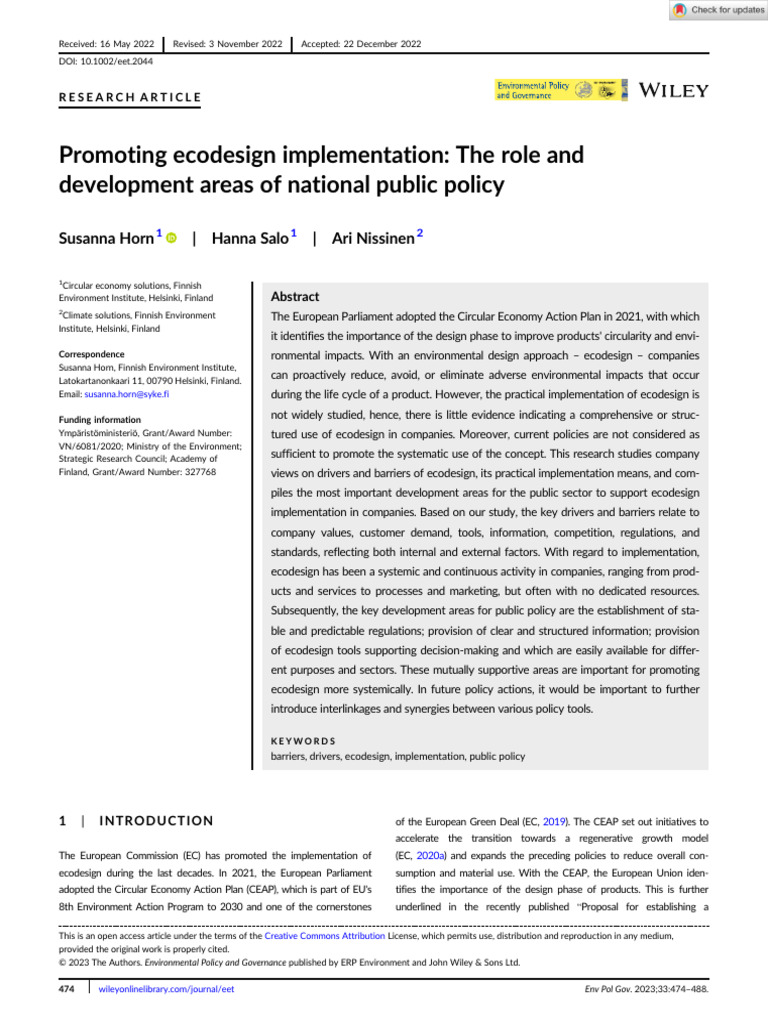 Env Pol Gov - 2023 - Horn - Promoting ecodesign implementation The role ...