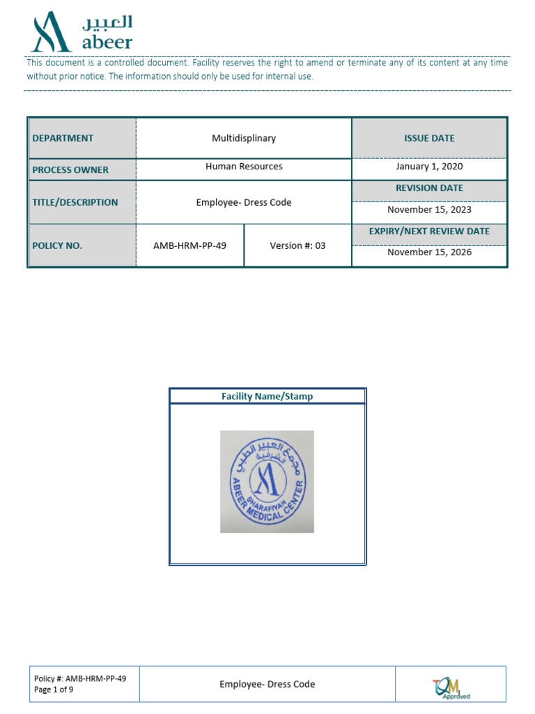 AMB-HRM-PP-49 Employee Dress Code Policy | PDF | Trousers | Human ...