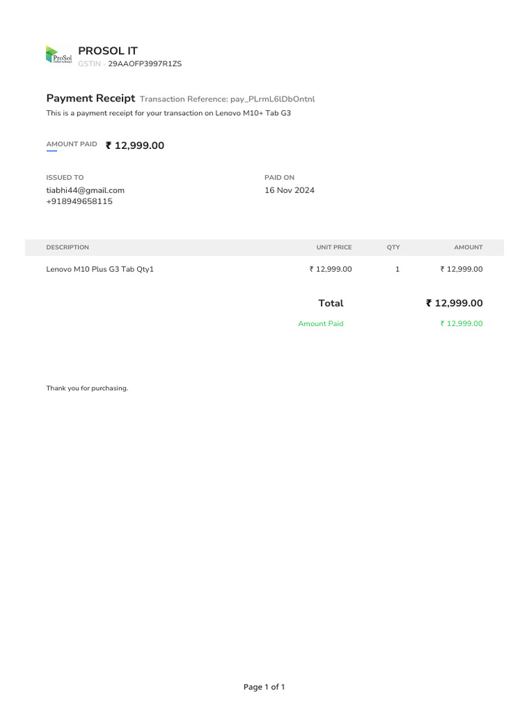Receipt Pay - PLrmL6lDbOntnl From PROSOL IT (Paid) | PDF