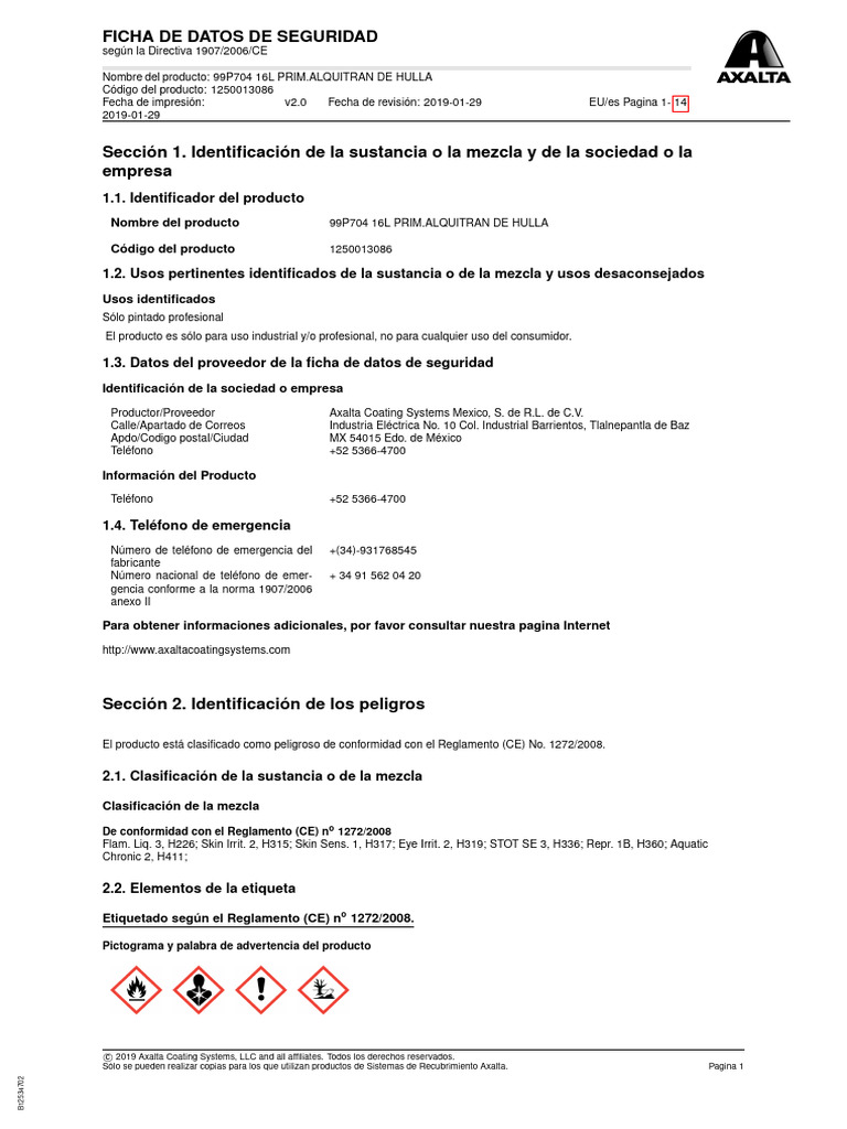 Ficha de Seguridad: Alquitrán de Hulla 99P704 | PDF