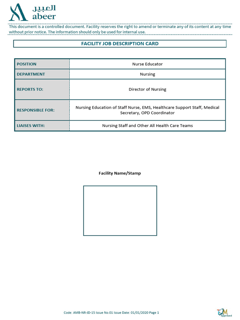 Nurse Educator Job Description Card | PDF | Nursing | Health Care