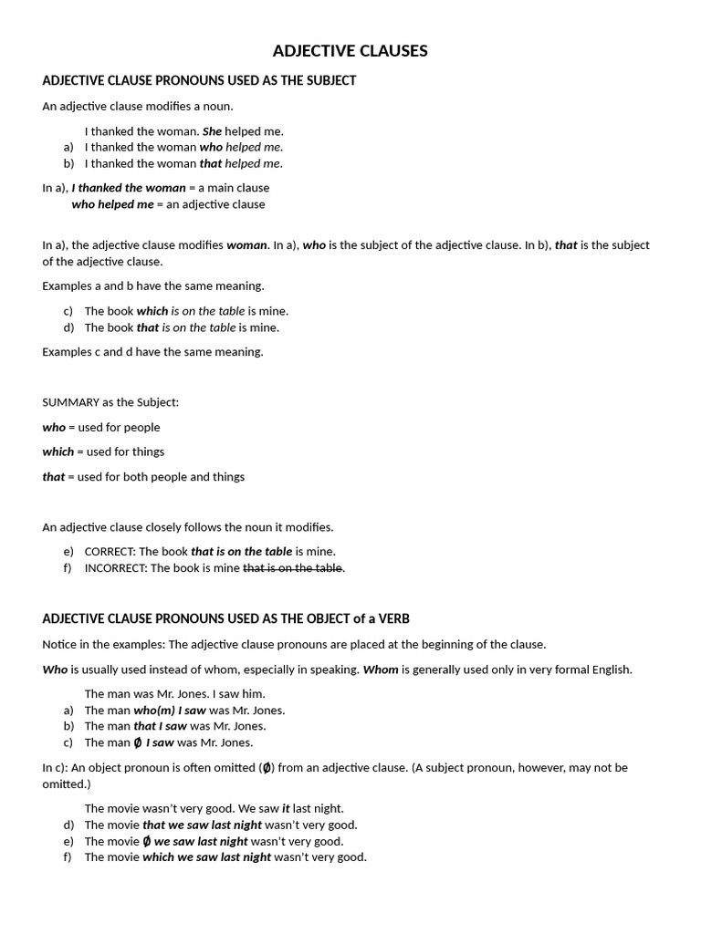 Adjective Clauses - Intermediate | PDF | Adjective | Verb