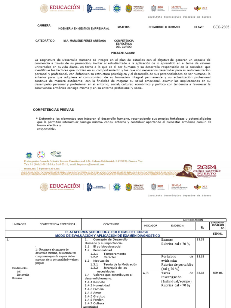 ENCUADRE DE DESARROLLO HUMANO PROGRAMA NUEVO AGO DIC 2024 | PDF | Autoestima | Evaluación