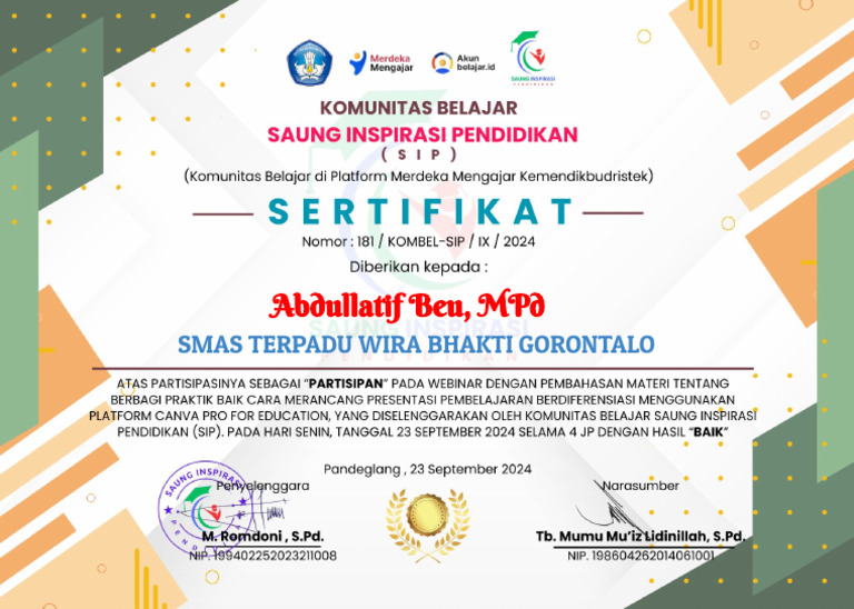 Sertifikat Webinar SIP Ke 181 - Abdullatif Beu, MPD | PDF