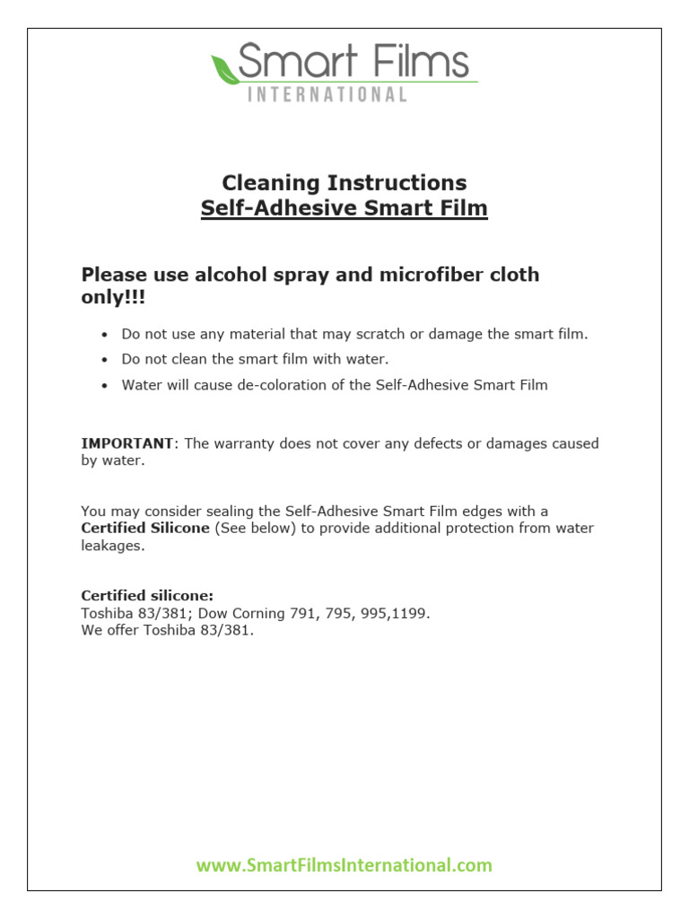 Adhesive Smart Film Cleaning Instructions | PDF