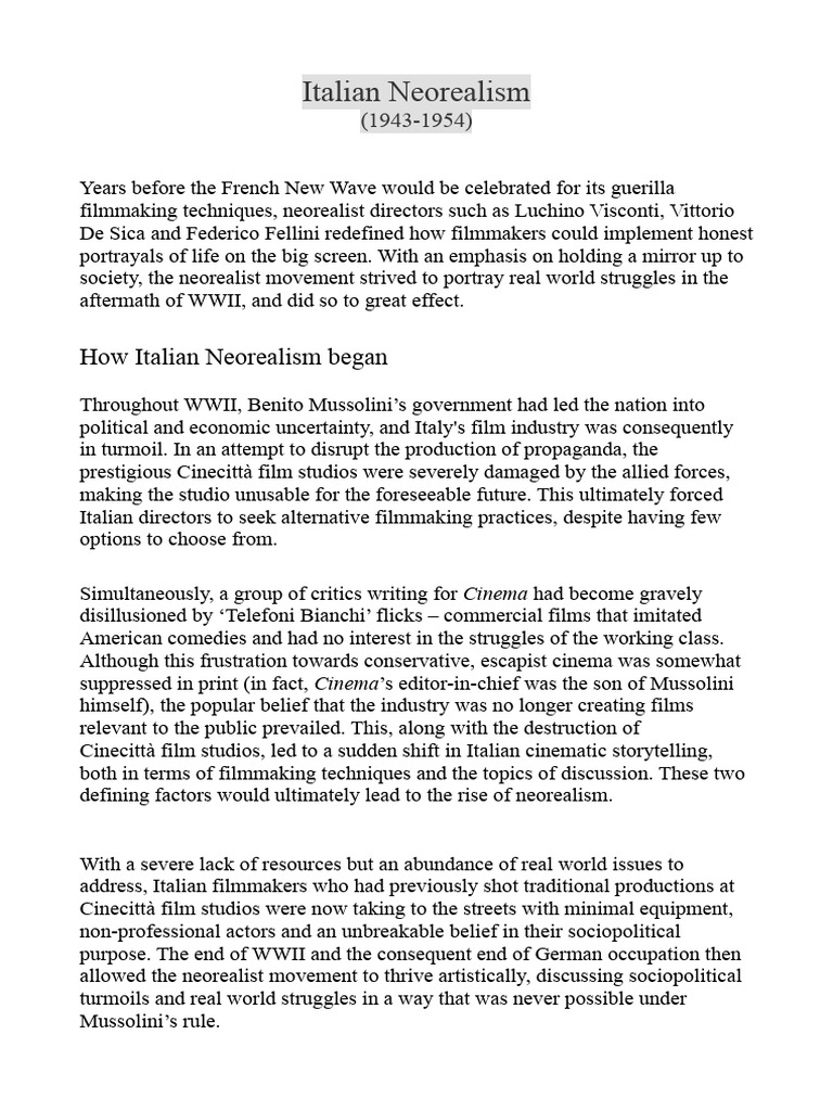 Movements in Film-Italian Neo Realism Italy (Est. 1943 - 1954) | PDF