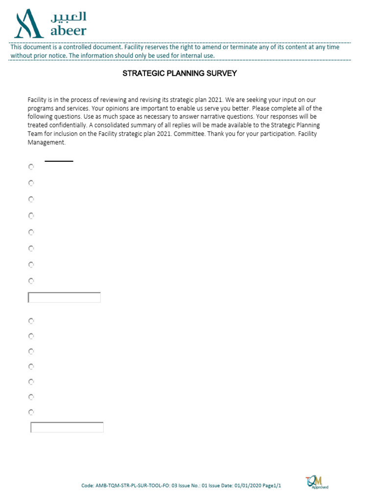 Strategic Planning Survey Staff Survey Form | PDF | Patient | Medicine