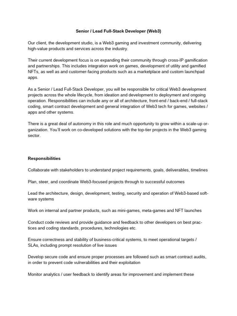 Senior - Lead Full-Stack Developer (Web3) | PDF | Information ...