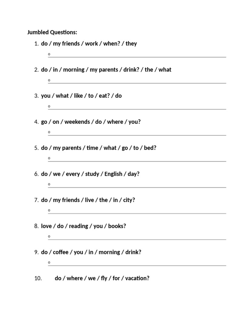 Jumbled Questions homework Beg 1 unit 4A | PDF