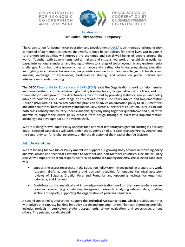 Job Description: Two Junior Policy Analysts Temporary | PDF | Policy ...