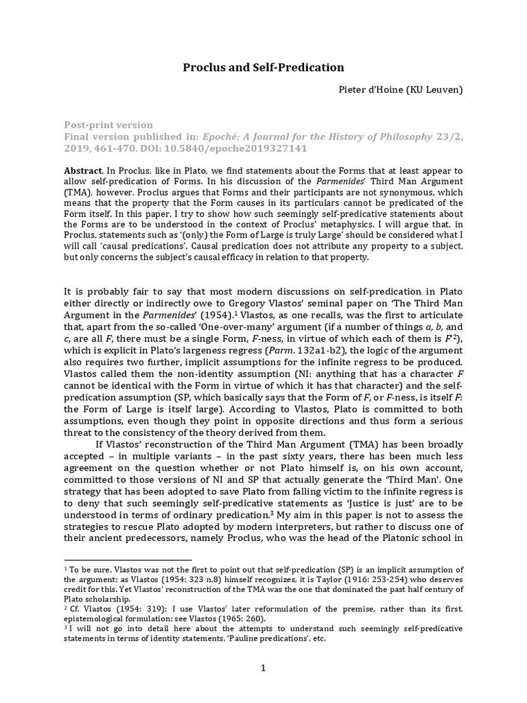 Proclus and Self-Predication - Epoche - Postprint | PDF | Plato | Western Philosophy