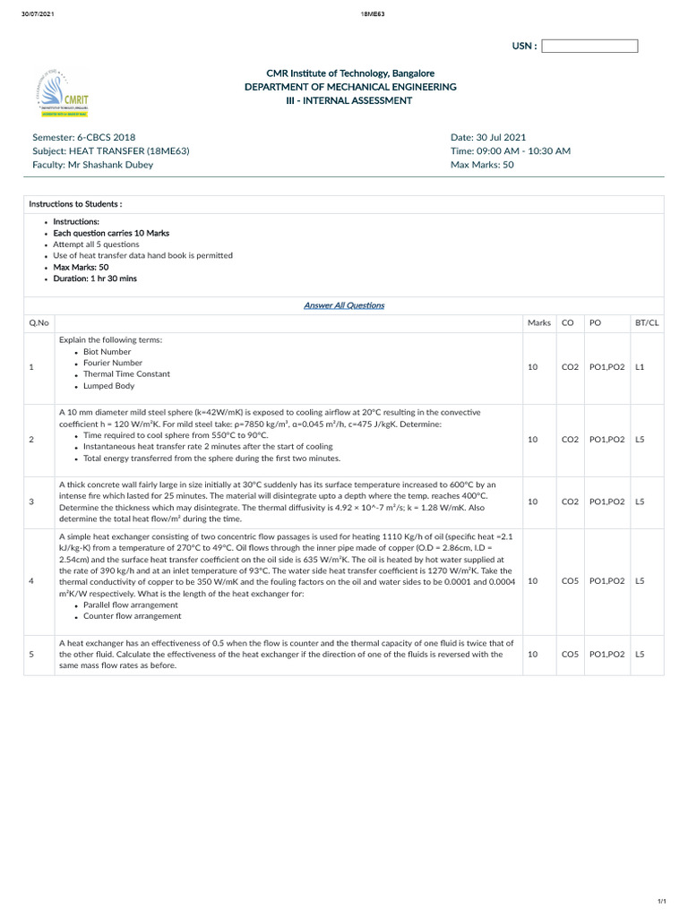 IAT-III Question Paper With Solution of 18ME63 Heat Transfer July-2020 ...