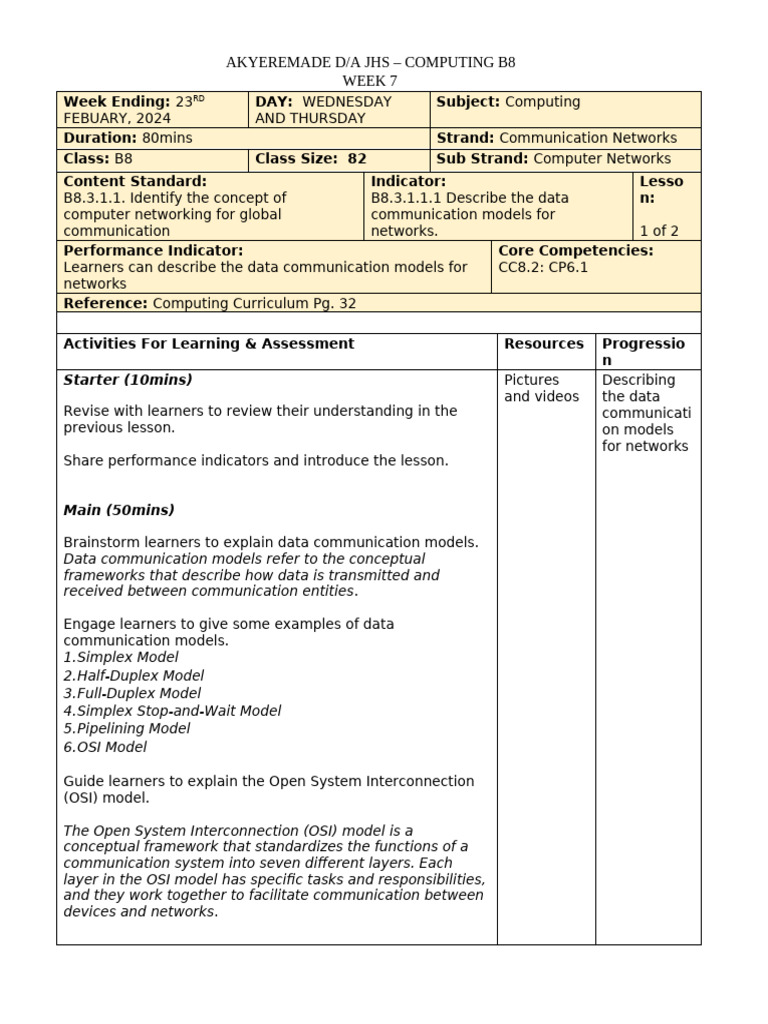 BS 8 WEEK 7 LESSON NOTES | PDF | Osi Model | Computer Network