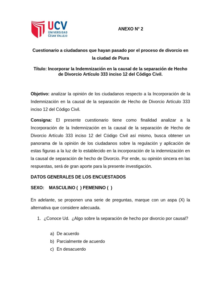 Cuestionario y Entrevista | PDF | Divorcio | Cuestionario Cuestionario y Entrevista | PDF | Divorcio | Cuestionario