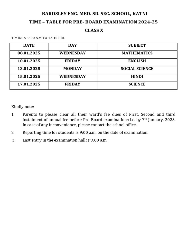 Class-X-Pre-Board Time Table-2024 | PDF