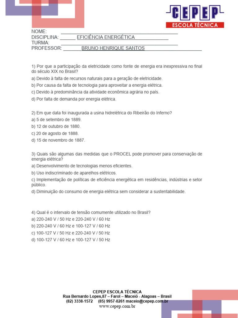 Prova Primeira Up Resp. Eficiencia Energetica | PDF | Biomassa ...