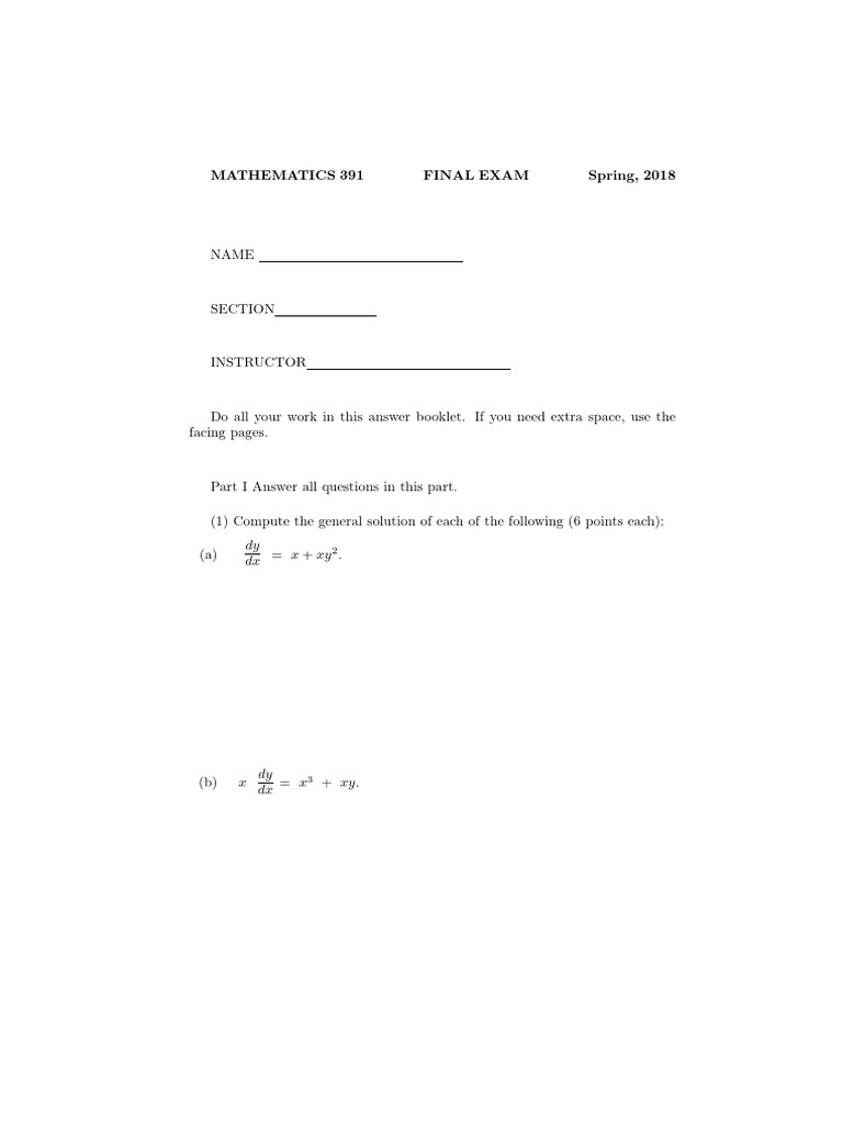 Spring 2018 Final - Math391 | PDF | Equations | Function (Mathematics)