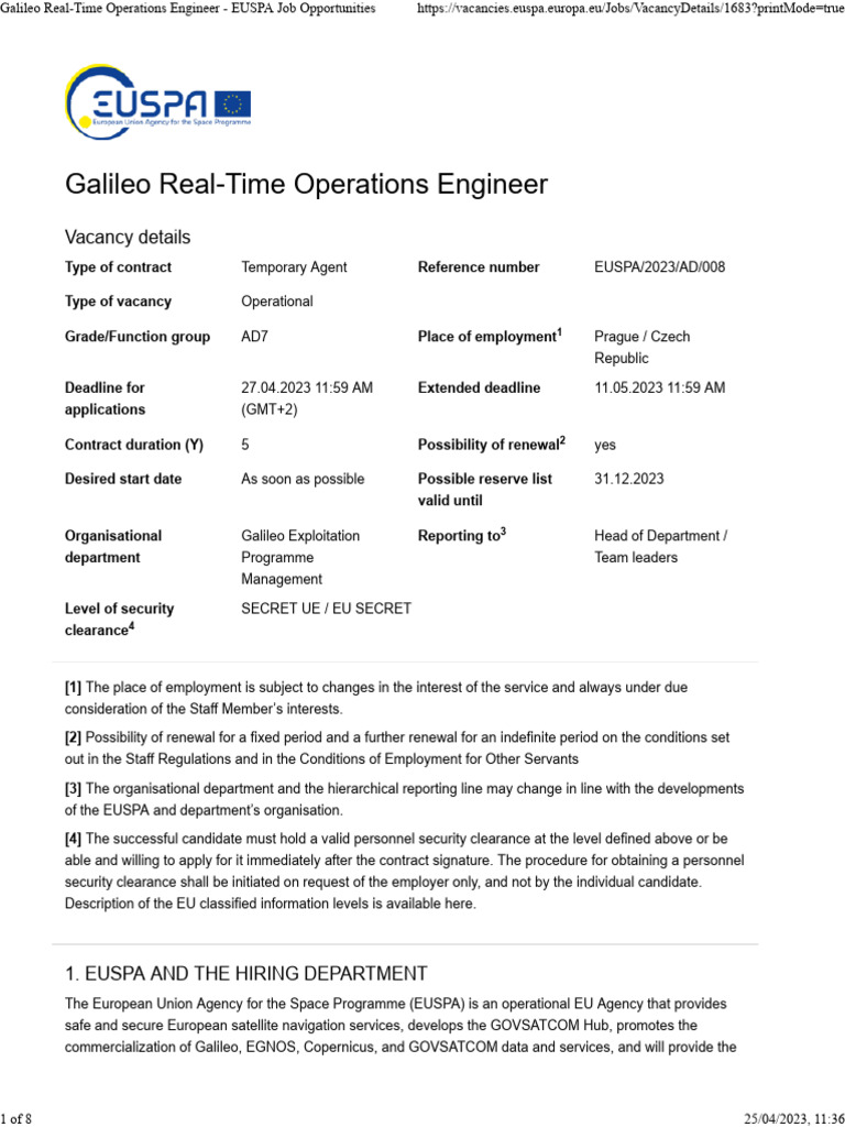 EUSPA Galileo Operations Engineer Role | PDF | Salary | Pension
