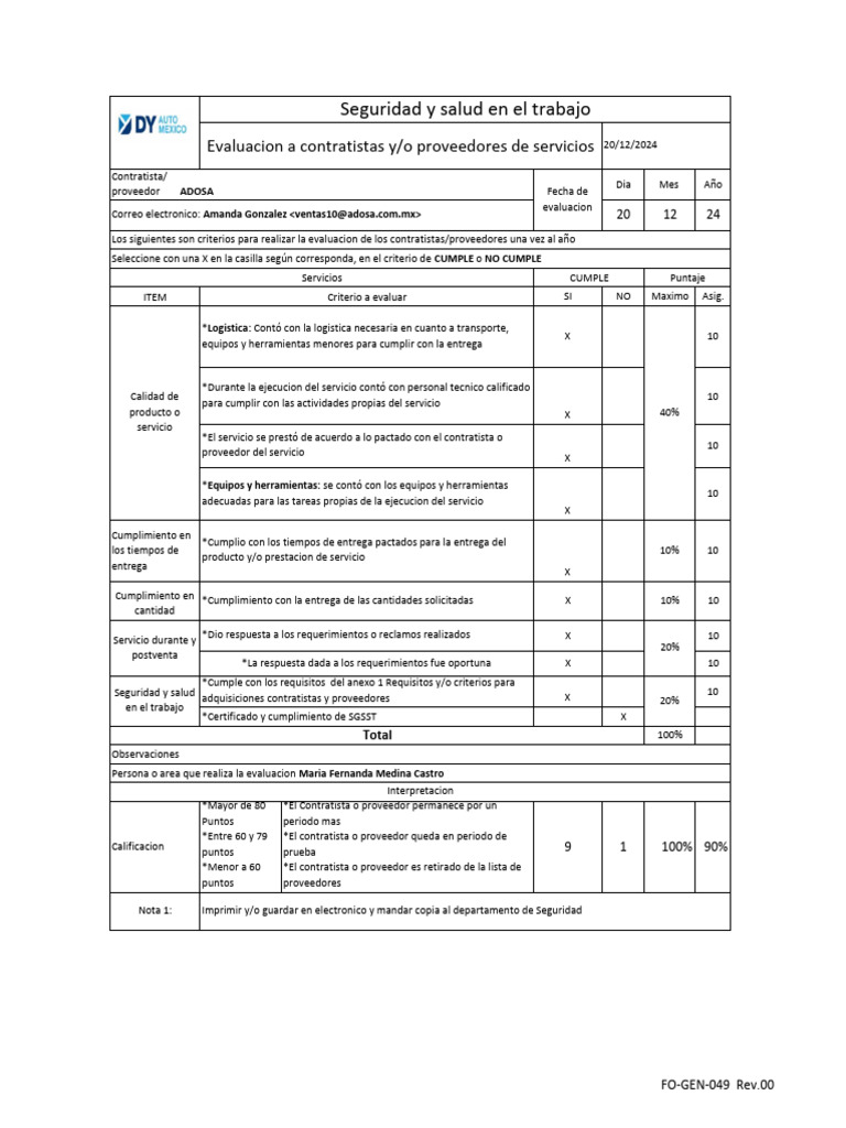 FO-GEN-049 Rev.00 - Evaluación de Contratistas Y-O Proveedores de Servicios - ADOSA | PDF ...