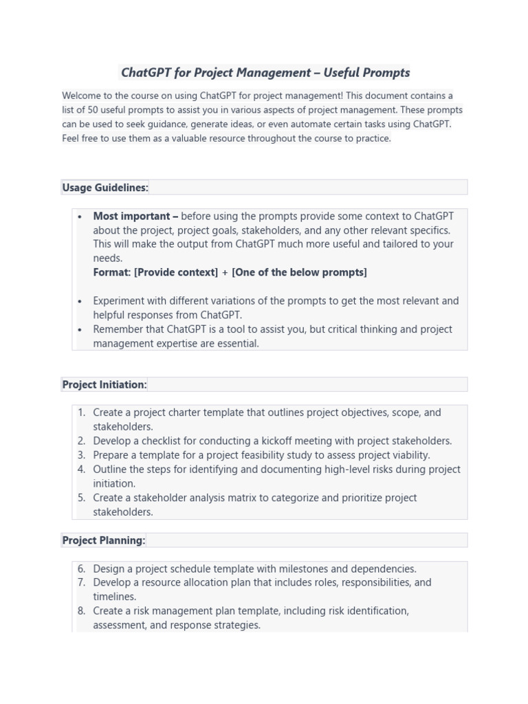 Essential ChatGPT Prompts for Project Management | PDF | Scrum ...