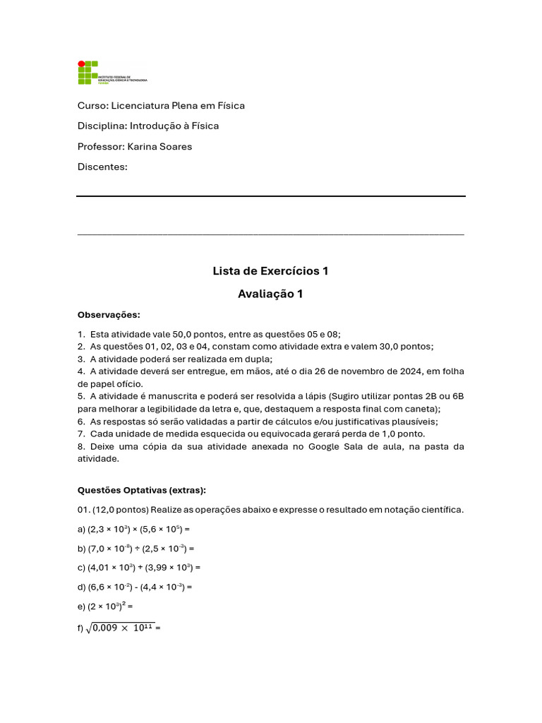 Lista1 Potencias de Dez SI | PDF | Ondas | Metrologia