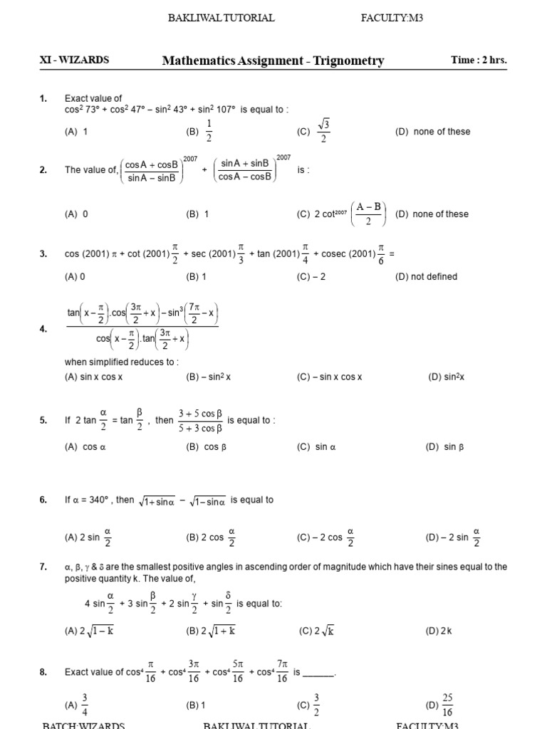 Trigo Assignment For 11TH Wizards | PDF | Geometry | Triangle Geometry