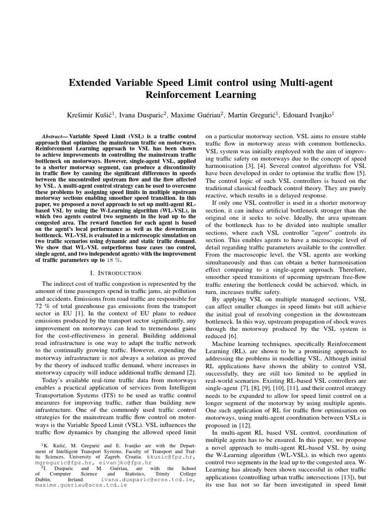 2020-Extended Variable Speed Limit control using Multi-agent Reinforcement Learning. | PDF ...