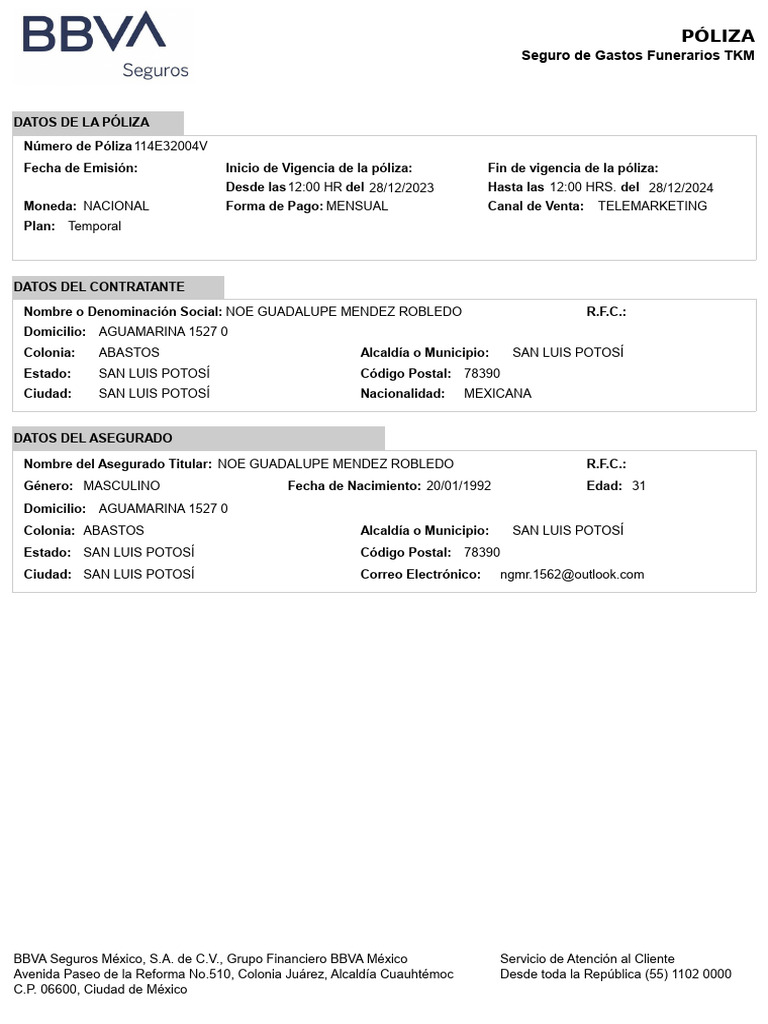Póliza de Gastos Funerarios TKM BBVA | PDF | Póliza de seguros | Seguro