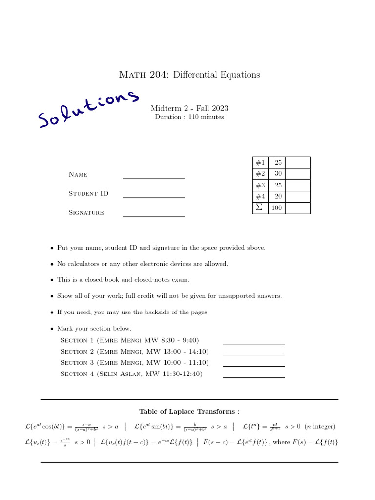Midterm 2: Differential Equations Exam | PDF | Mathematical Objects | Mathematics