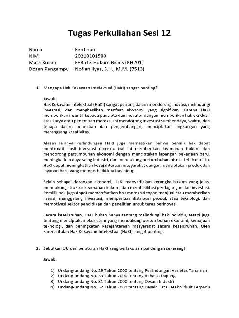 Ferdinan 20210101580 - FEB513 Hukum Bisnis (KH201) - Tugas Perkuliahan Sesi 12 | PDF