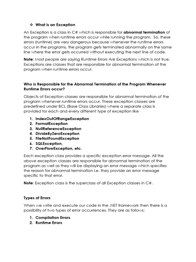 Exception Handling Notes Pdf C Sharp Programming Language Class Computer Programming 