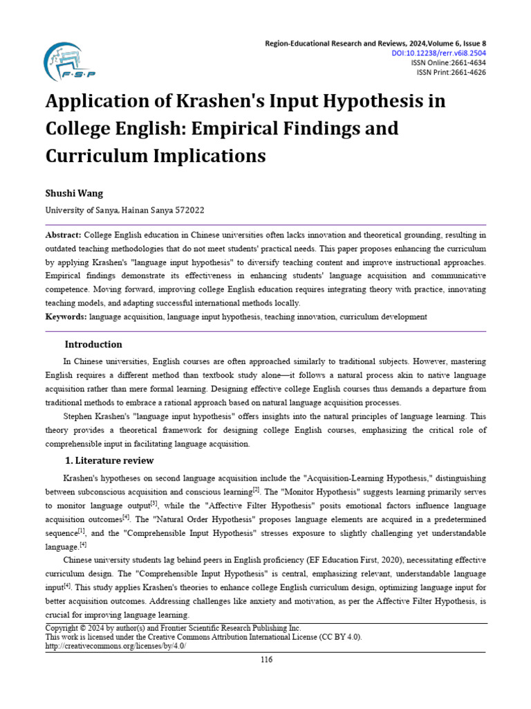 Application of Krashens Input Hypothesis in Colle | PDF | Second ...