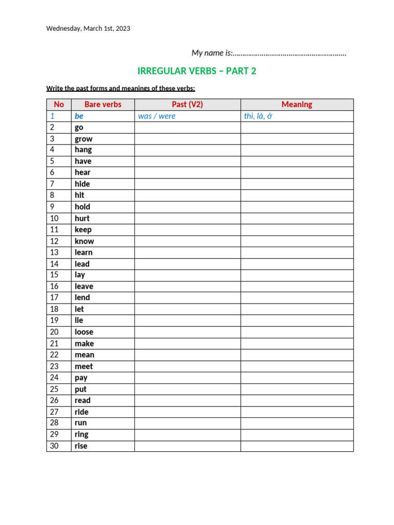 Irregular Verbs List and Meanings | PDF
