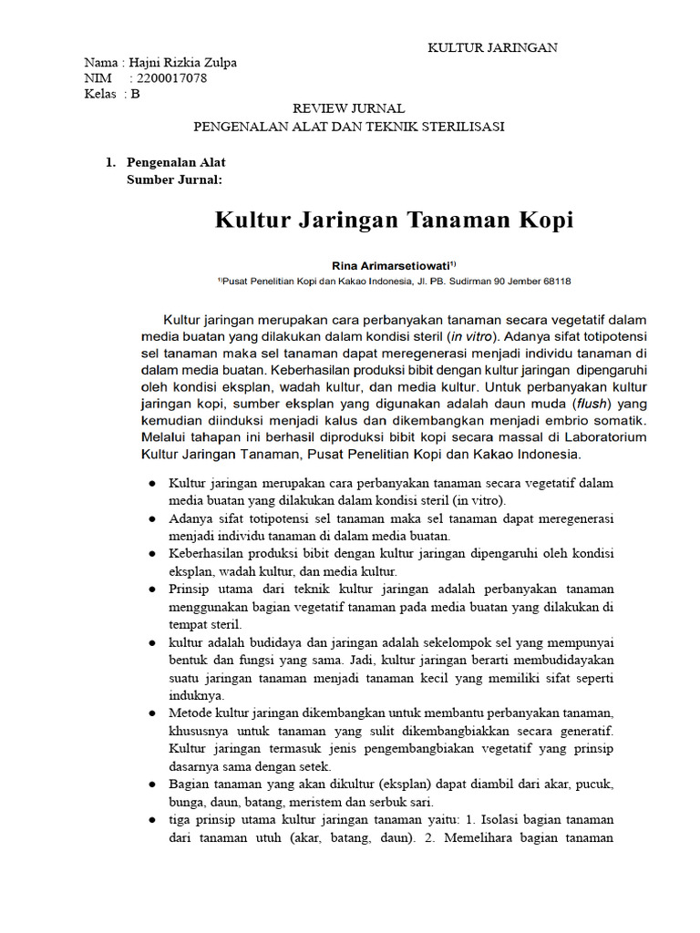 Review Jurnal - Materi 1 - Kultur Jaringan - Hajni Rizkia Zulpa | PDF
