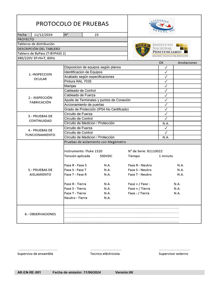 Protocolo de Prueba de Tableros | PDF | Ingenieria Eléctrica | Electricidad