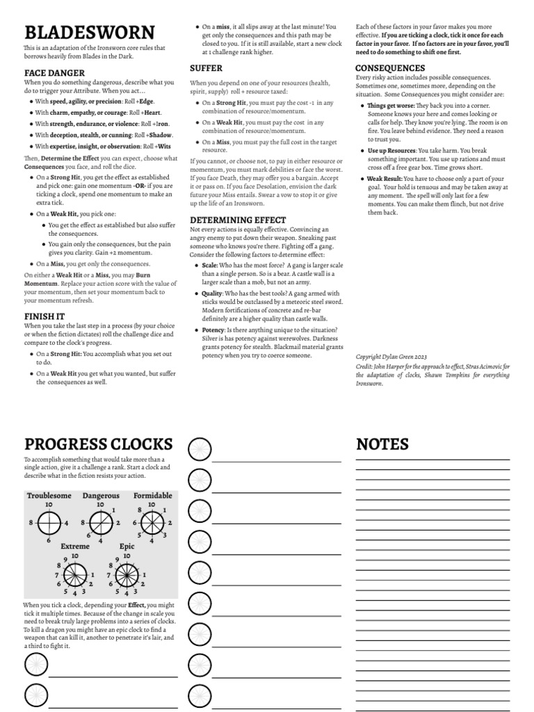 Bladesworn One Sheet V1.0 | PDF