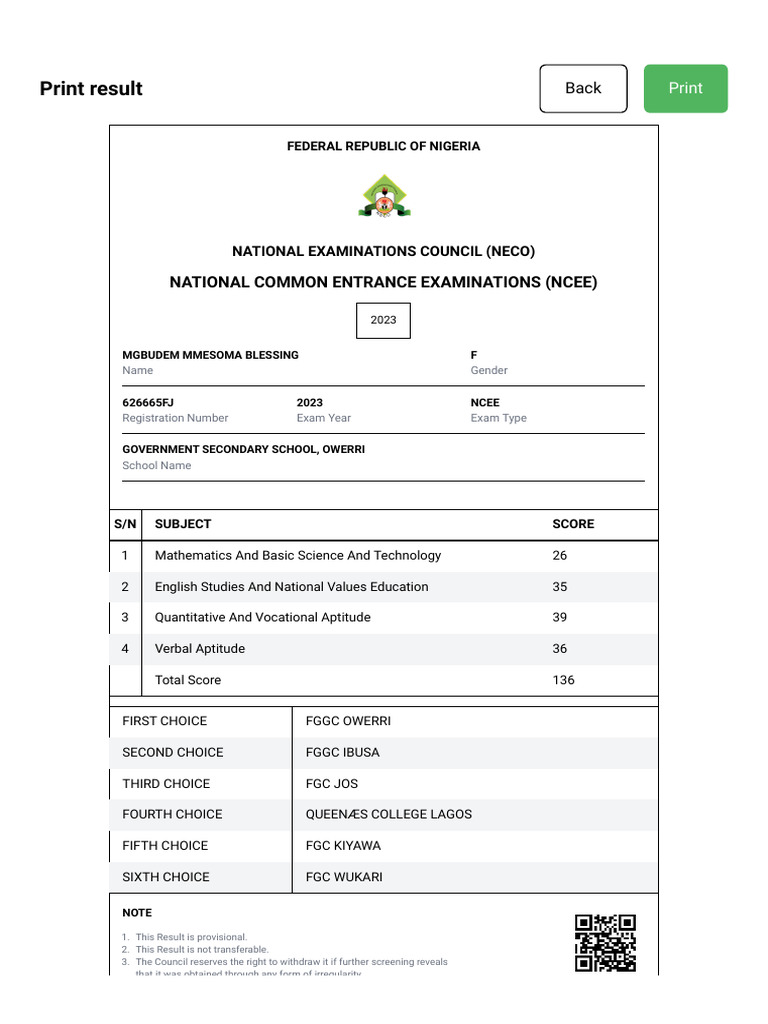 NECO Results Portal | PDF