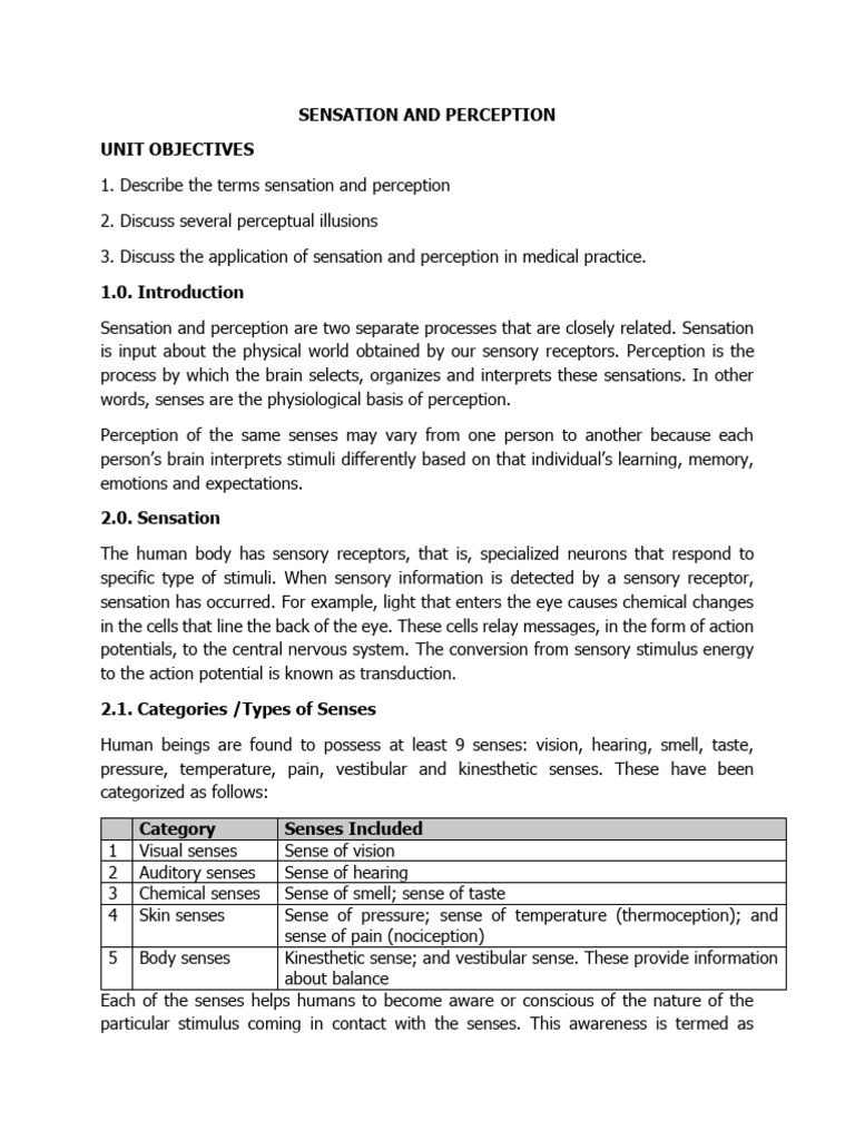 Notes On Sensation and Perception Defintions and Principles | PDF ...