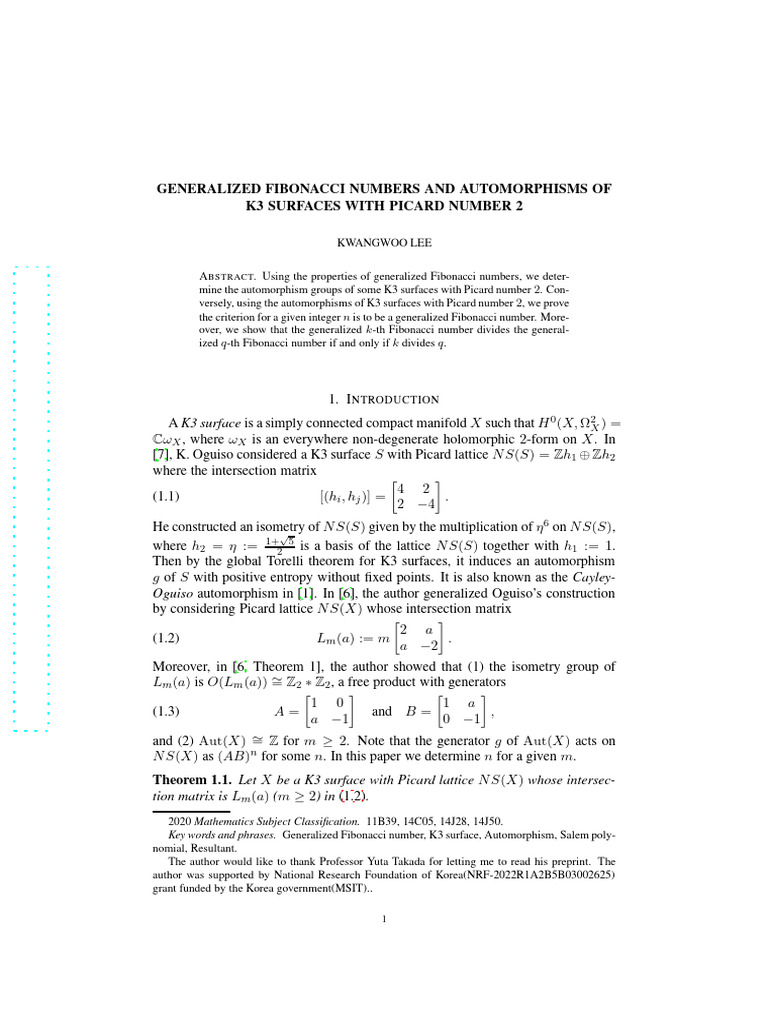 R - Generalized Fibonacci Numbers and Automorphisms of K3 Surfaces With Picard Number 2 - Lee ...