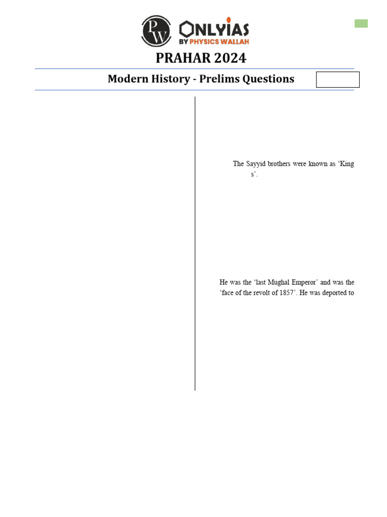 Modern History - DPP 02 - UPSC Prahar (Hinglish) | PDF | Mughal Empire
