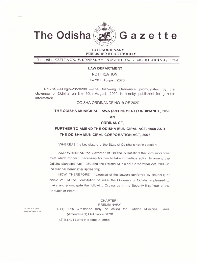Odisha Municipal Act - Trade License Amendment 2020 | PDF