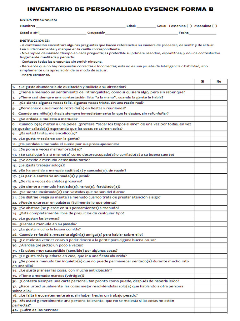 Inventario de Personalidad de Eysenck Forma B | PDF