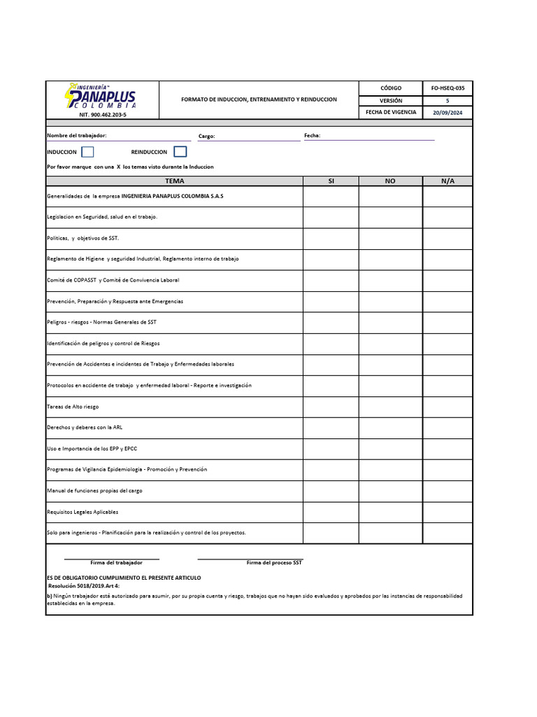 FO-HSEQ-035 FORMATO DE INDUCCION, ENTRENAMIENTO Y REINDUCCION | PDF