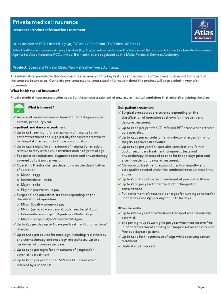 PB66347 Malta Private Clinic Plan IPID January 2019 | PDF | Oncology | Patient