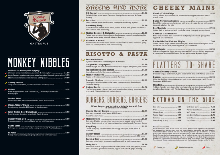Food Menu Cheeky Monkey Qawra | PDF | Hamburgers | Sauce