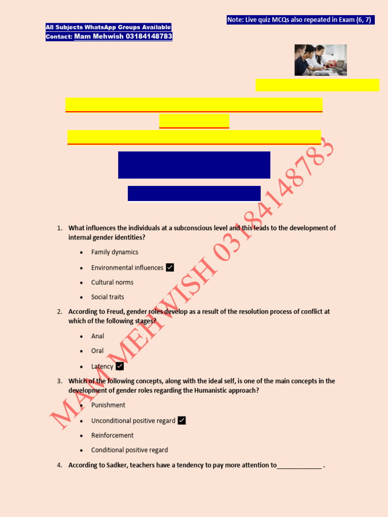 PSY512 MCQs Mids 2024 Mam Mehwish | PDF | Gender | Gender Studies